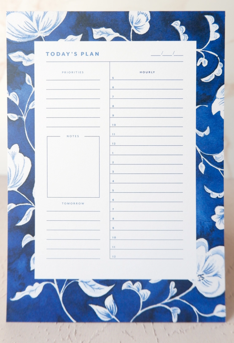 Elegant Blue Daily Planner Desktop Notepad – Bella + Mauve
